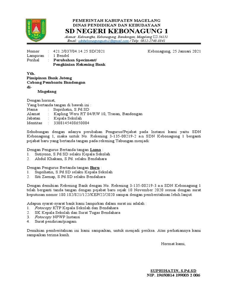 Surat Perubahan Speciment Pengkinian Rekening Bank | PDF