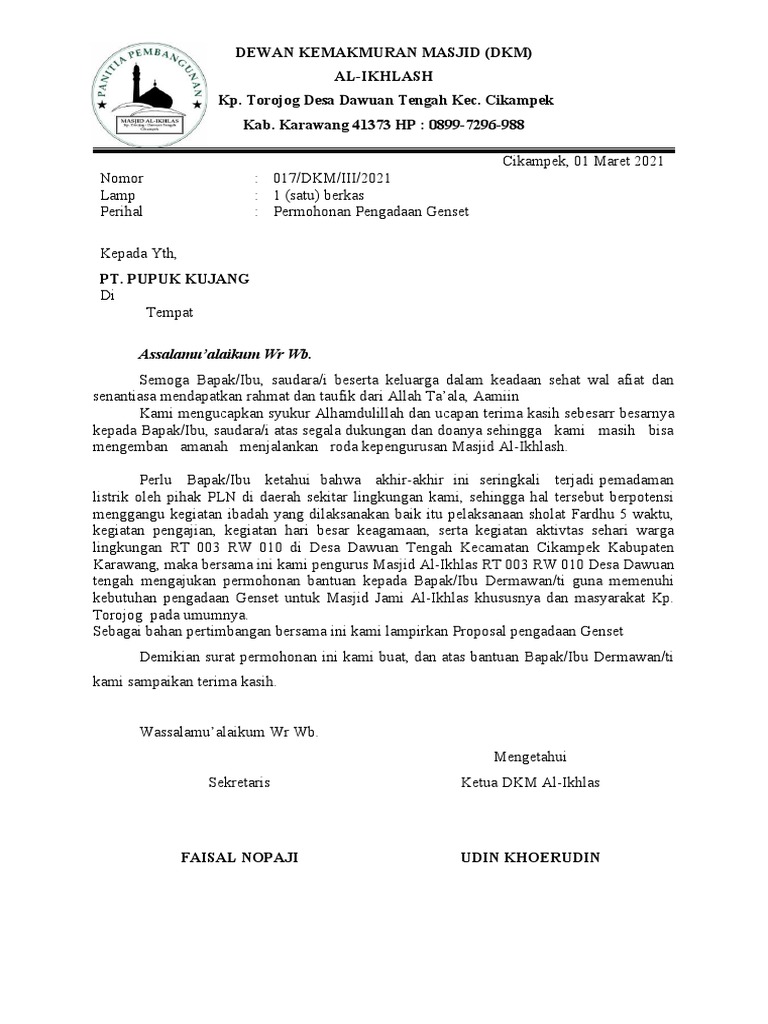 Proposal Bantuan Genset | PDF