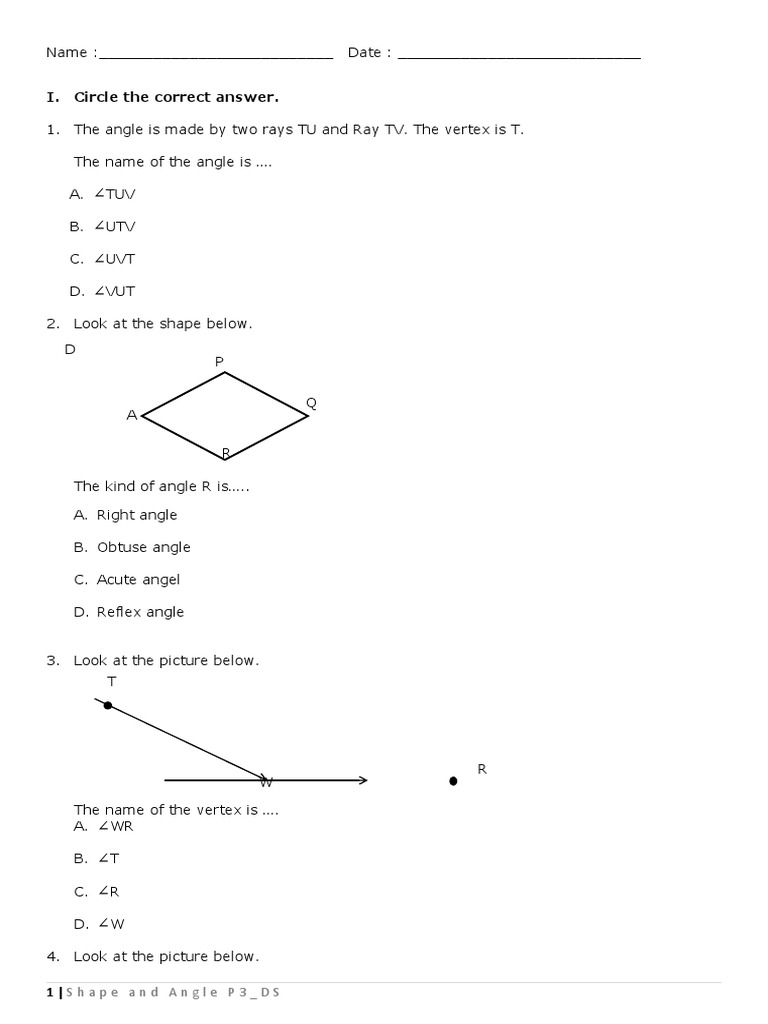 Angles and Shapes Worksheet for P3 | PDF | Angle | Metrology