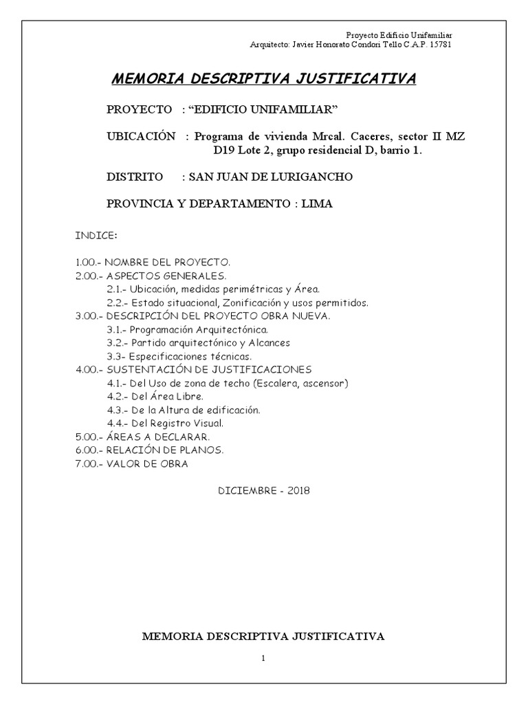 Arquitectura. Memoria Descriptiva 1 | PDF | Ascensor | Construyendo tecnología