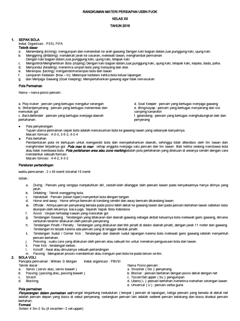 Rangkuman Materi Persiapan Usbn Pjok | PDF