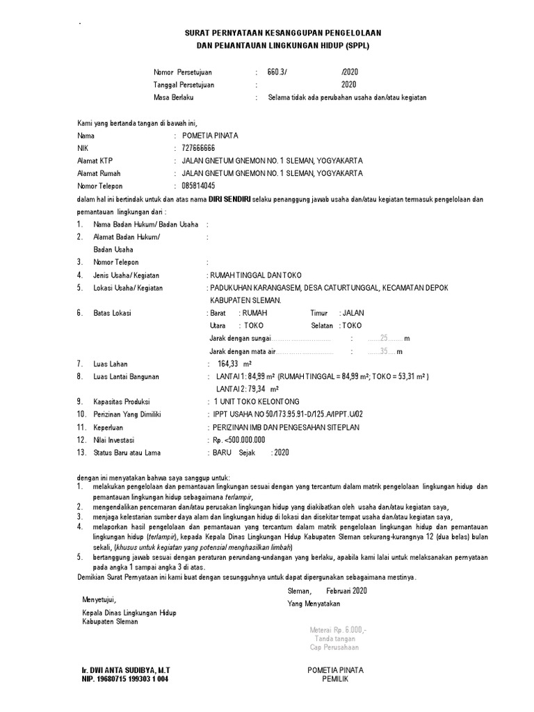 Contoh Pengisian SPPL Perseorangan | PDF
