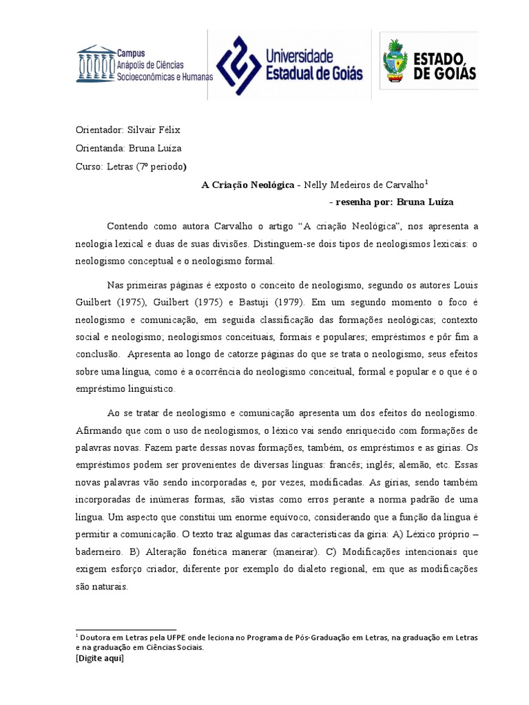 RESENHA: A Criação Neológica - Nelly Medeiros de Carvalho | PDF ...