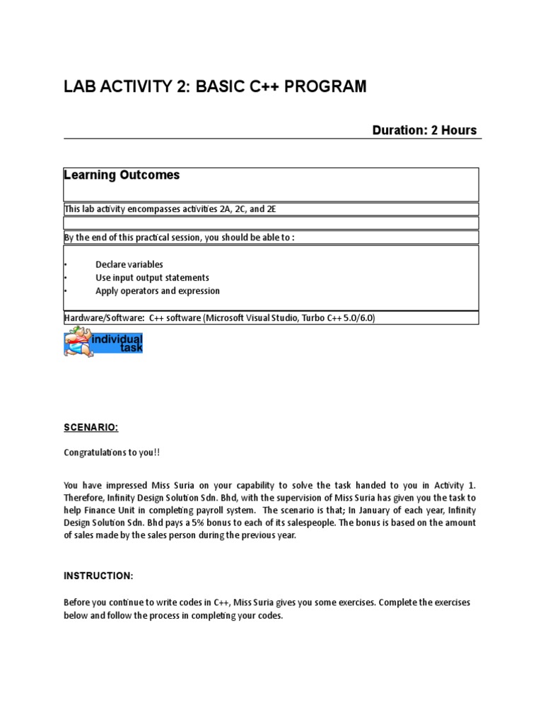 Lab Activity 2: Basic C++ Program: Duration: 2 Hours | PDF | C++ ...