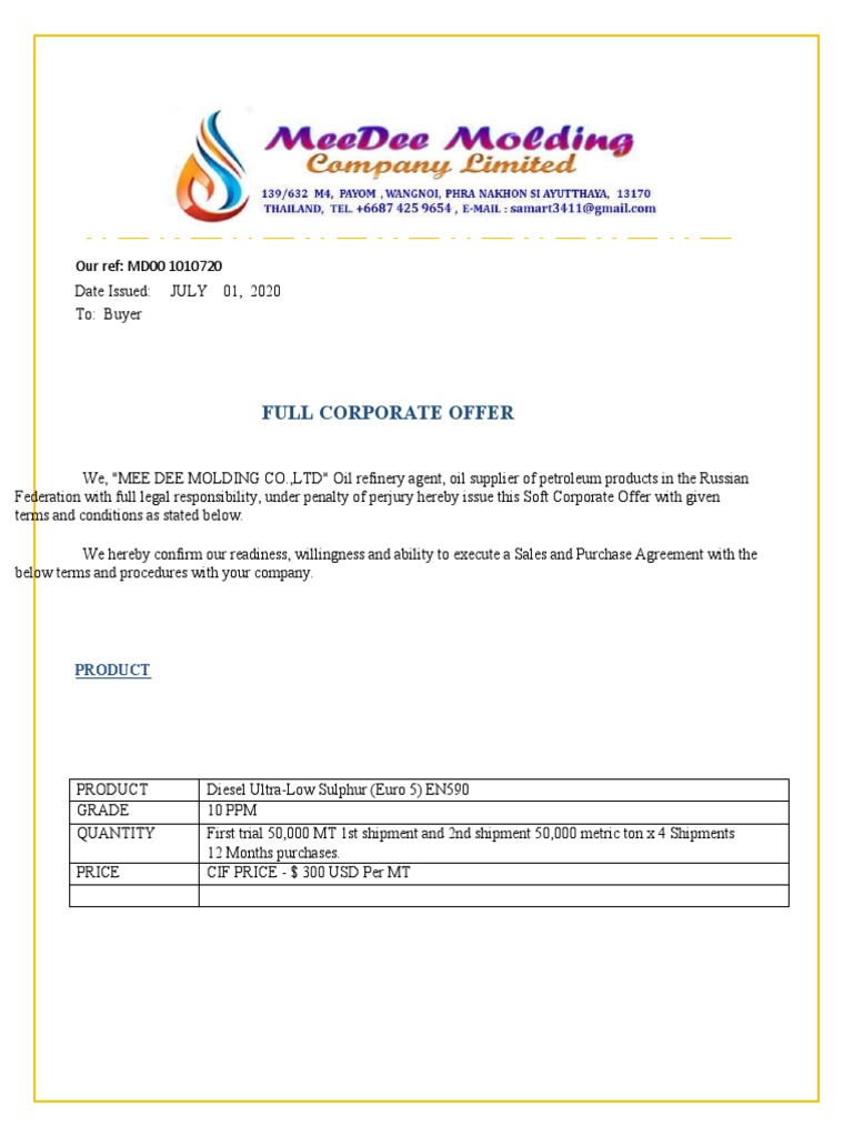 Full Corporate Offer Diesel En590 (10 PPM) | PDF | Letter Of Credit ...