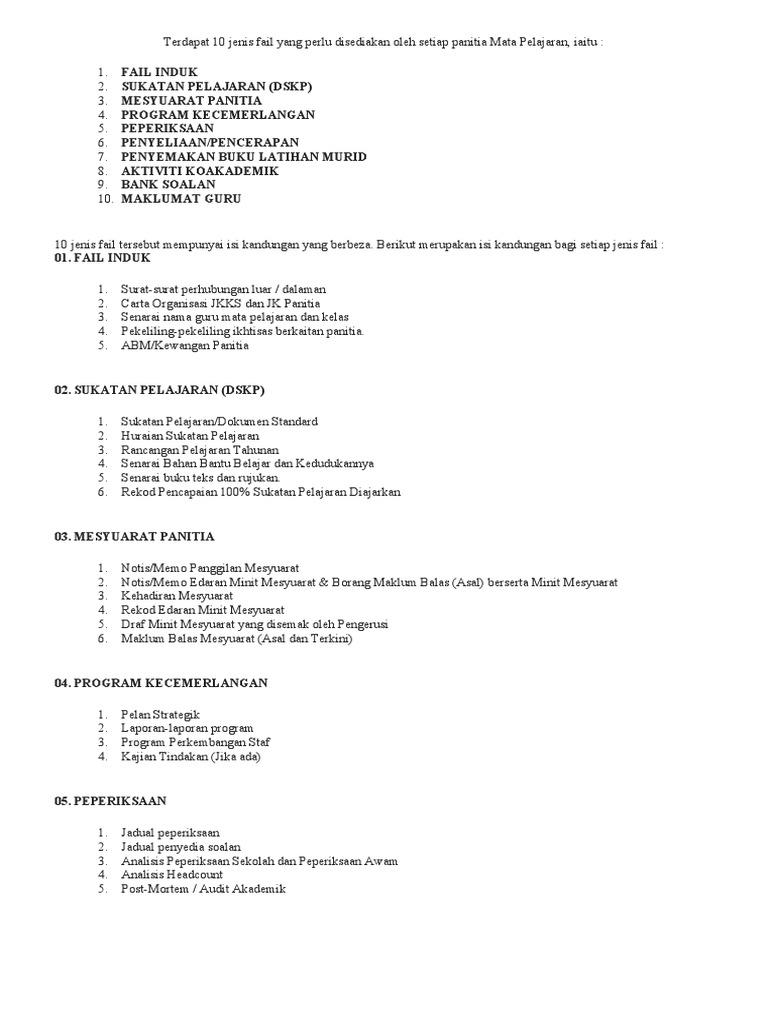 Terdapat 10 Jenis Fail Yang Perlu Disediakan Oleh Setiap Panitia Mata ...