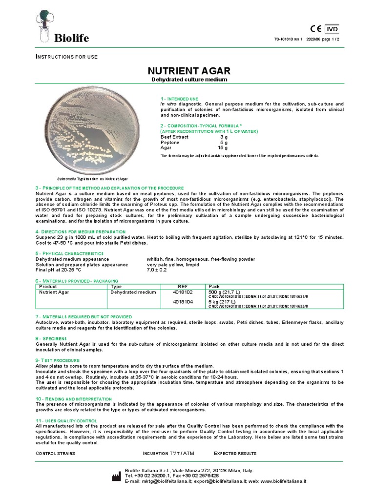 Biolife: Nutrient Agar | PDF | Growth Medium | Infection