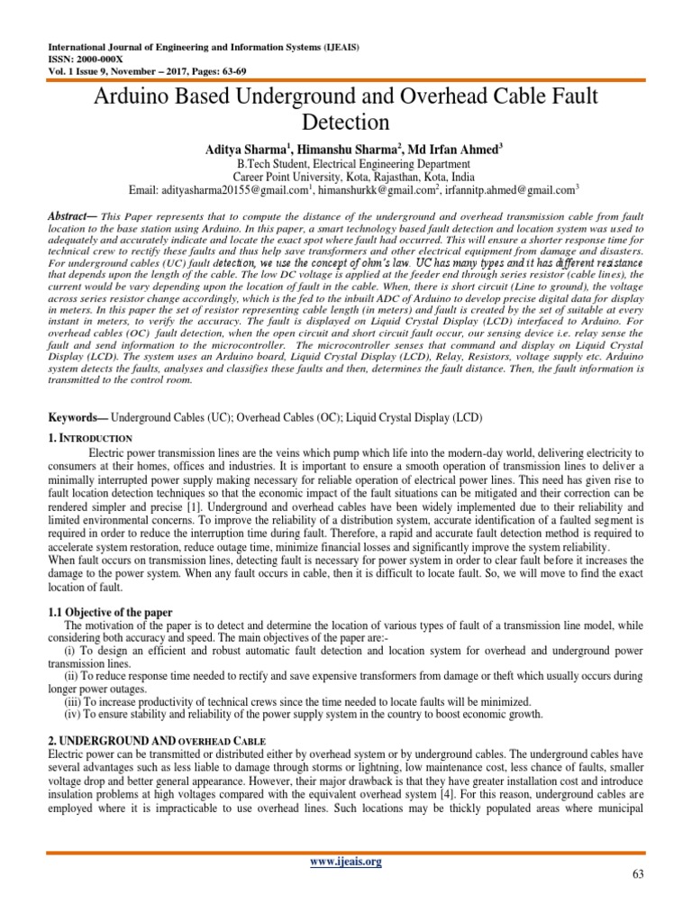 Arduino Based Underground and Overhead Cable Fault Detection | PDF | Electric Power Transmission ...