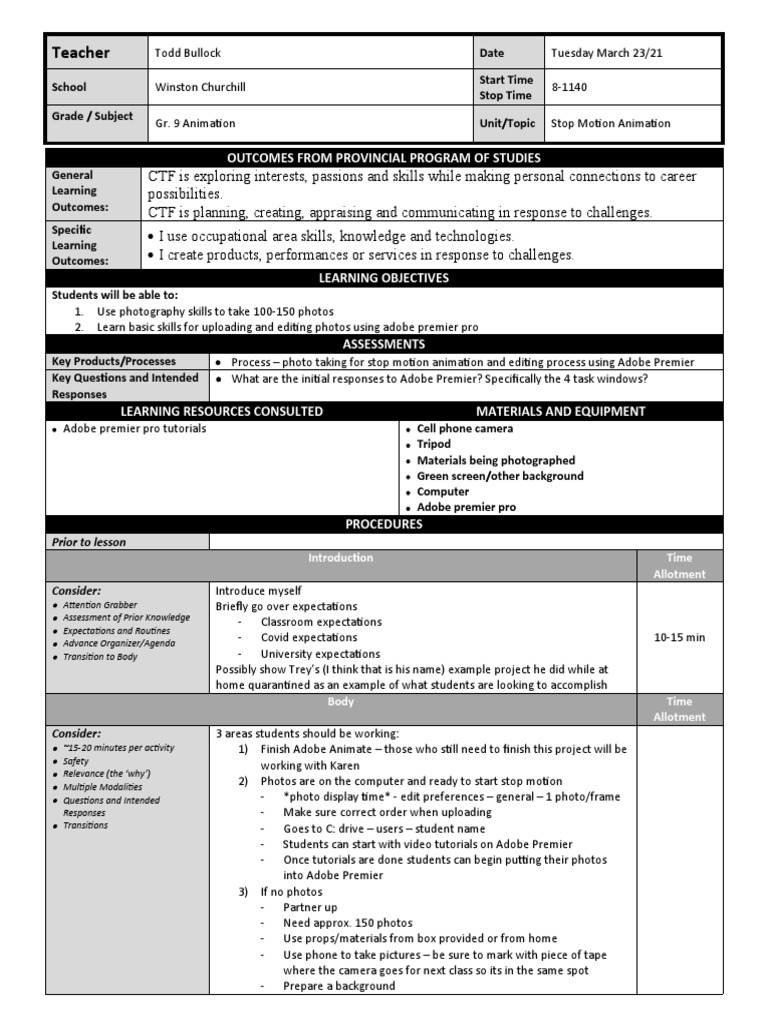 CTF Lesson Plan 1 Animations | PDF | Lesson Plan | Learning