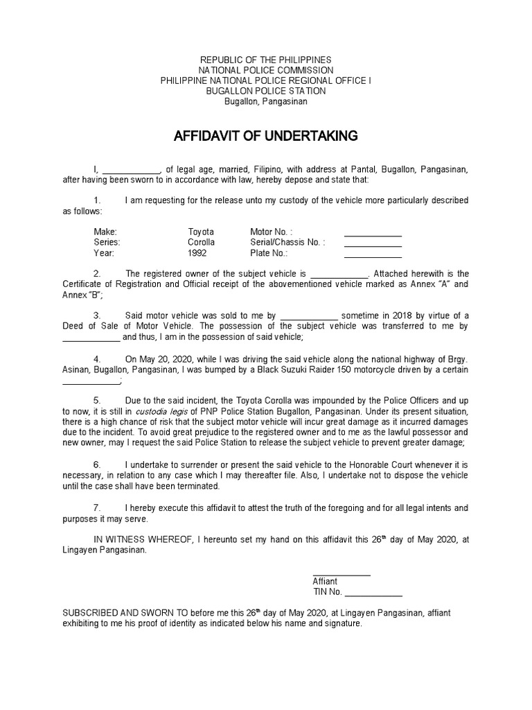 Affidavit of Undertaking For The Release Vehicle - 1 | PDF | Affidavit ...