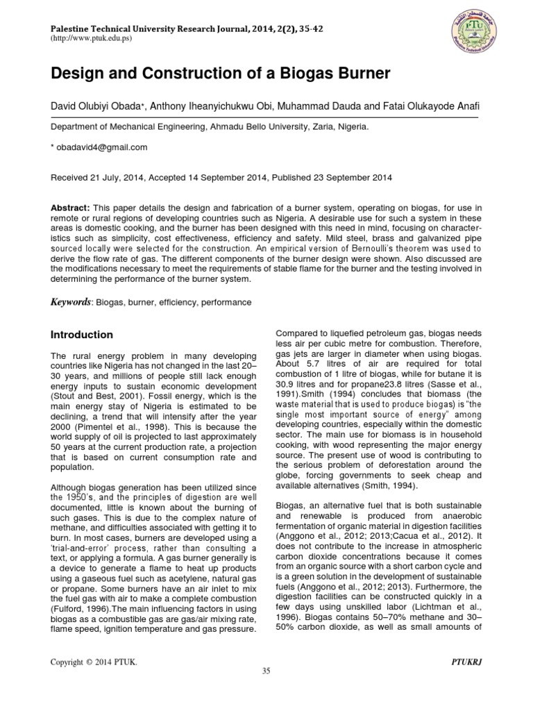 Design and Construction of A Biogas Burner | PDF | Biogas | Combustion