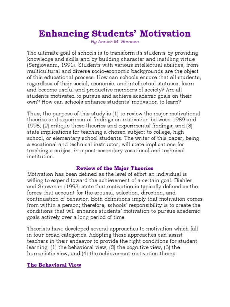 Enhancing Students' Motivation: by Annick M. Brennen | PDF | Motivation ...