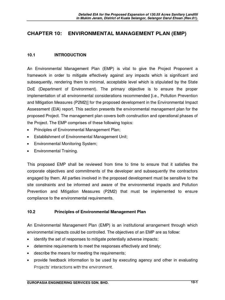 Chapter 10: Environmental Management Plan (Emp) | PDF | Environmental Impact Assessment | Water ...