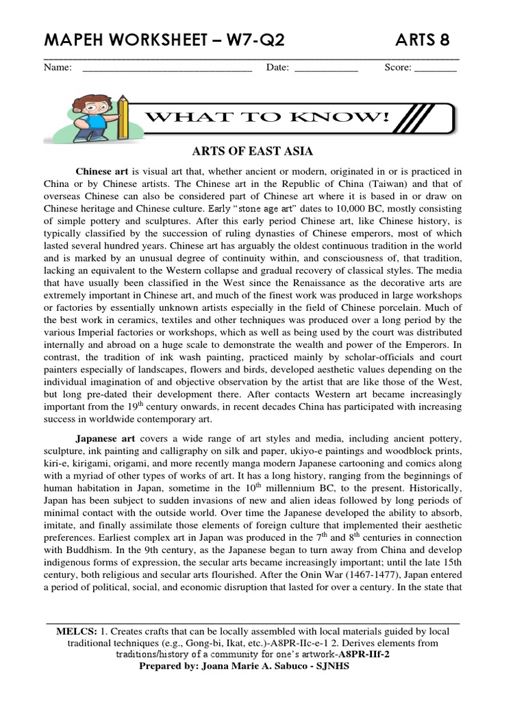 Mapeh Worksheet - W7-Q2 Arts 8: Arts of East Asia | PDF | Aesthetics ...