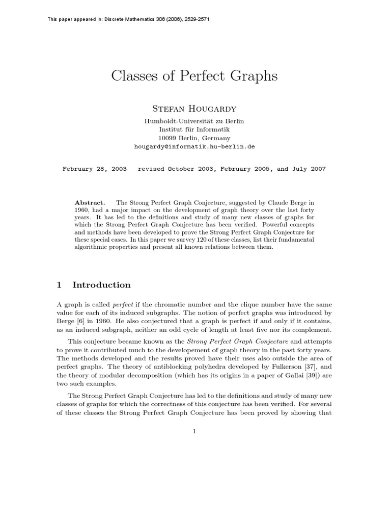 Classes of Perfect Graphs: Stefan Hougardy | PDF | Vertex (Graph Theory ...