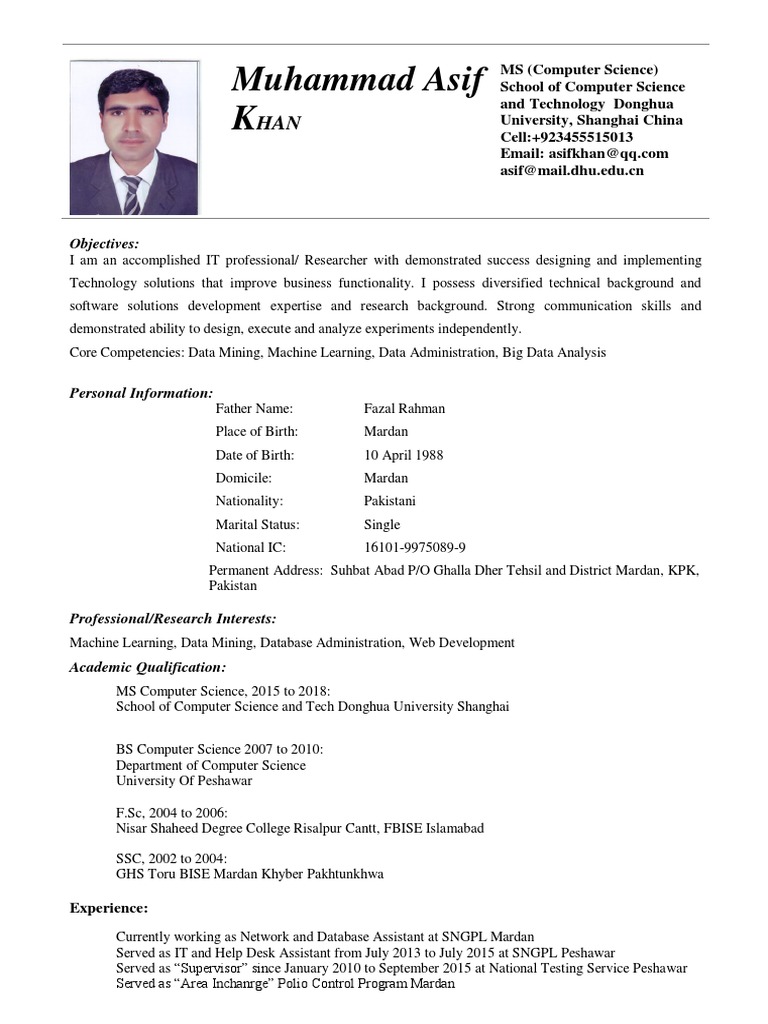 Asif CV | PDF | Khyber Pakhtunkhwa | Computer Science