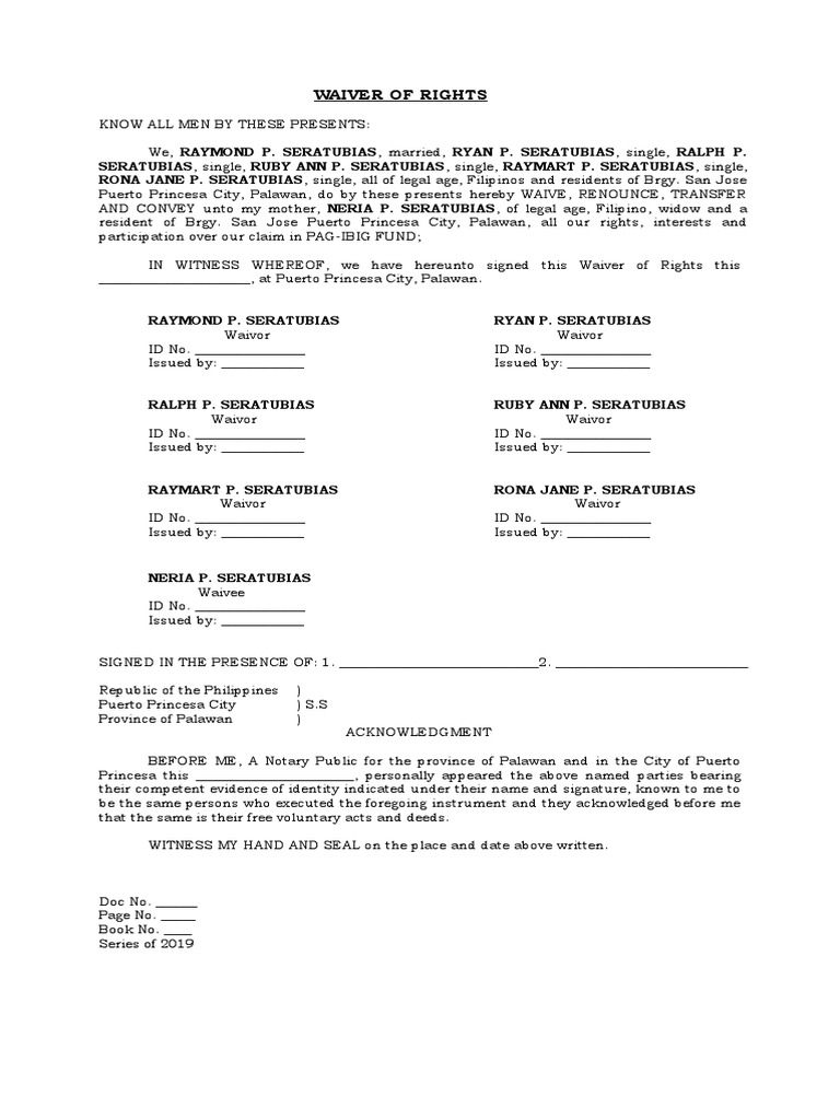 Waiver of Rights Death Claim - Seratubias | PDF | Document | Legal ...