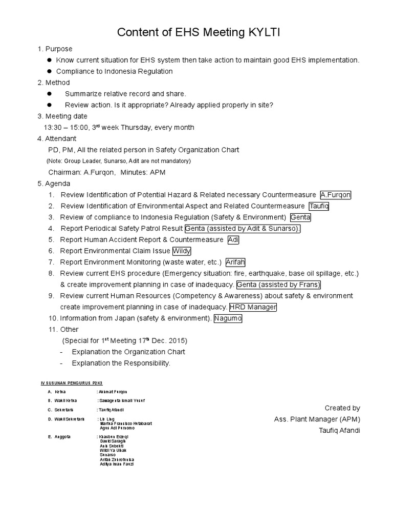 Content of EHS Meeting | PDF | Occupational Safety And Health | Safety