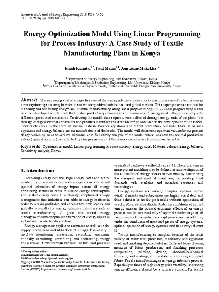 Energy Optimization Model Using Linear Programming For Process Industry: A Case Study of Textile ...