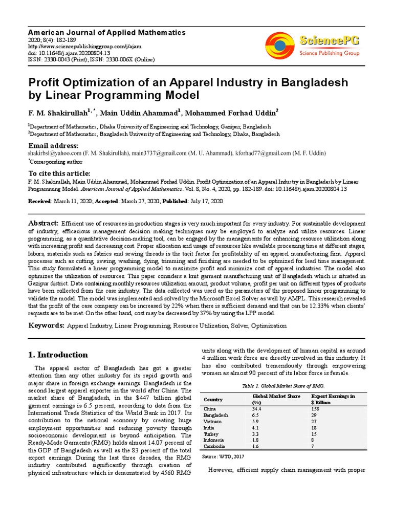 Profit Optimization of An Apparel Industry in Bangladesh by Linear ...