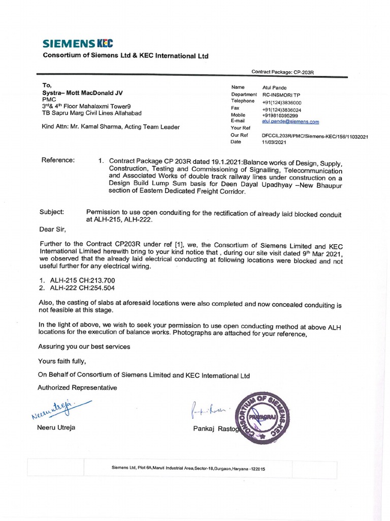 DFCC203R - Letter On Permission For Open Conduiting | PDF