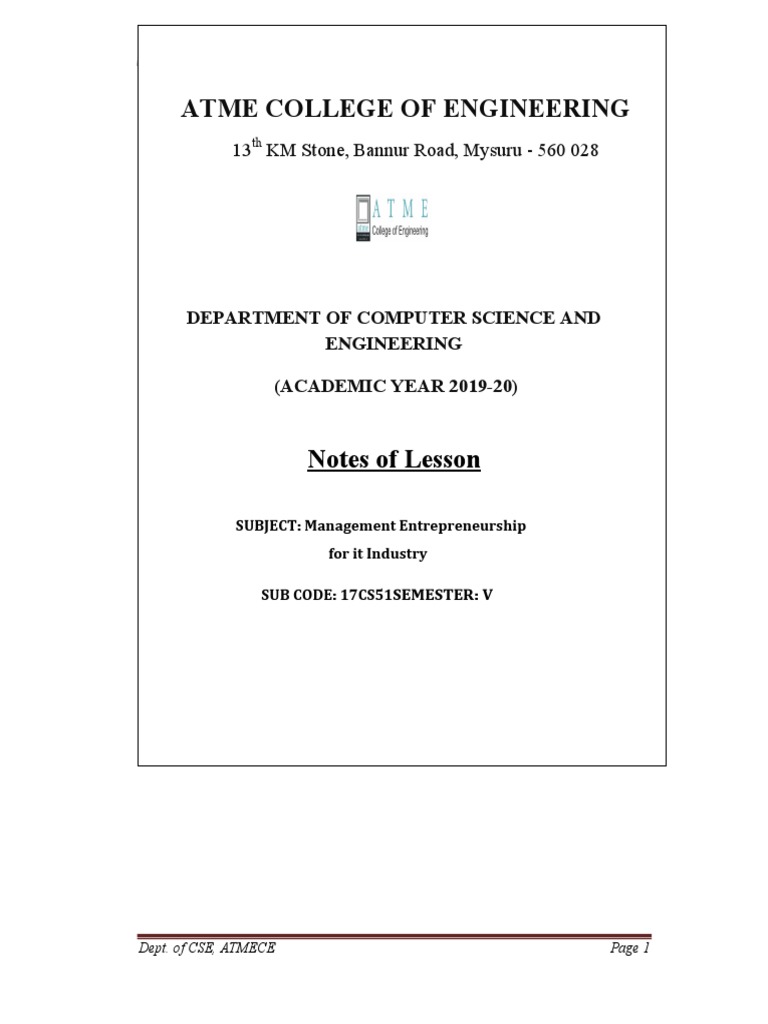 MEI Notes ATME, Mysore | PDF | Entrepreneurship | Science