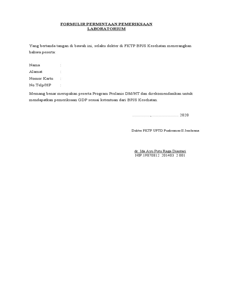 Formulir Permintaan Pemeriksaan Laboratorium | PDF