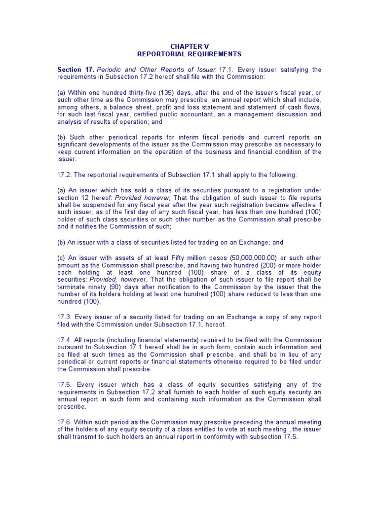 Reportorial Requirements Section 17. Periodic and Other Reports of ...