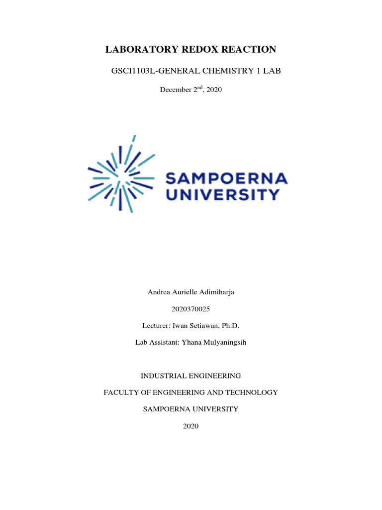 Laboratory Redox Reaction: Gsci1103L-General Chemistry 1 Lab | PDF ...