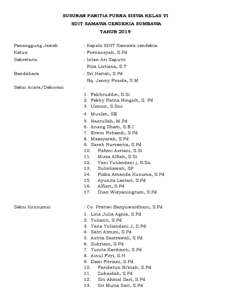 Susunan Panitia Purna Siswa Kelas Vi | PDF