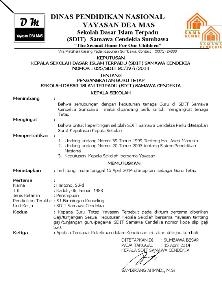 SK Pengangkatan Guru Honorer Sdit SC | PDF