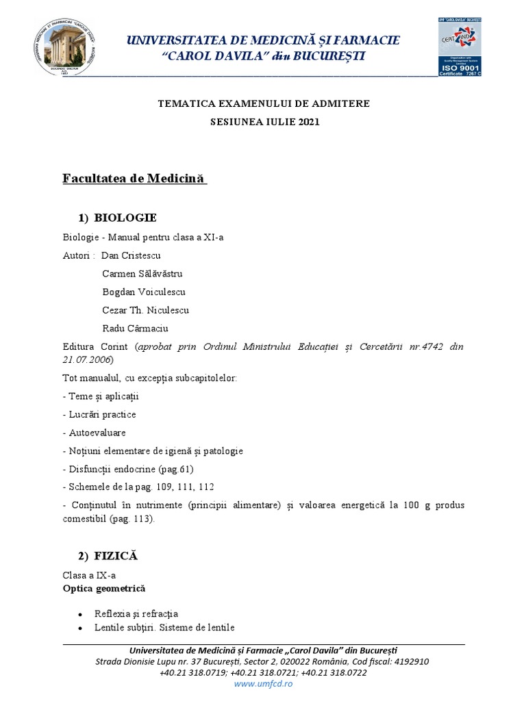 Tematica Si Bibliografie Medicina 2021 | PDF