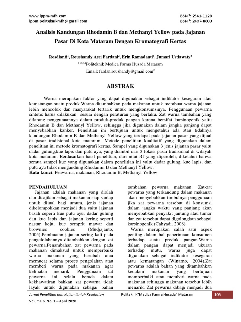 Jurnal Analisis Kandungan Rhodamin B Dan Methanyl Yellow Pada Jajanan ...