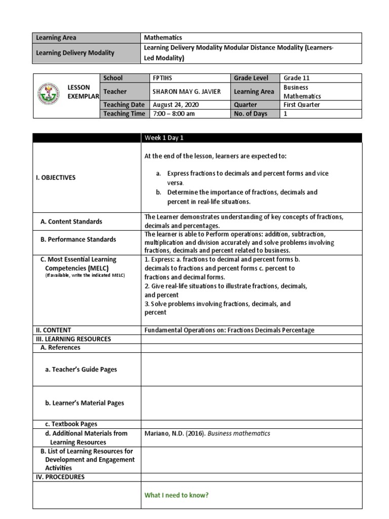 Javier - S.m.-Business Math-G11-Exemplar | PDF | Decimal | Percentage