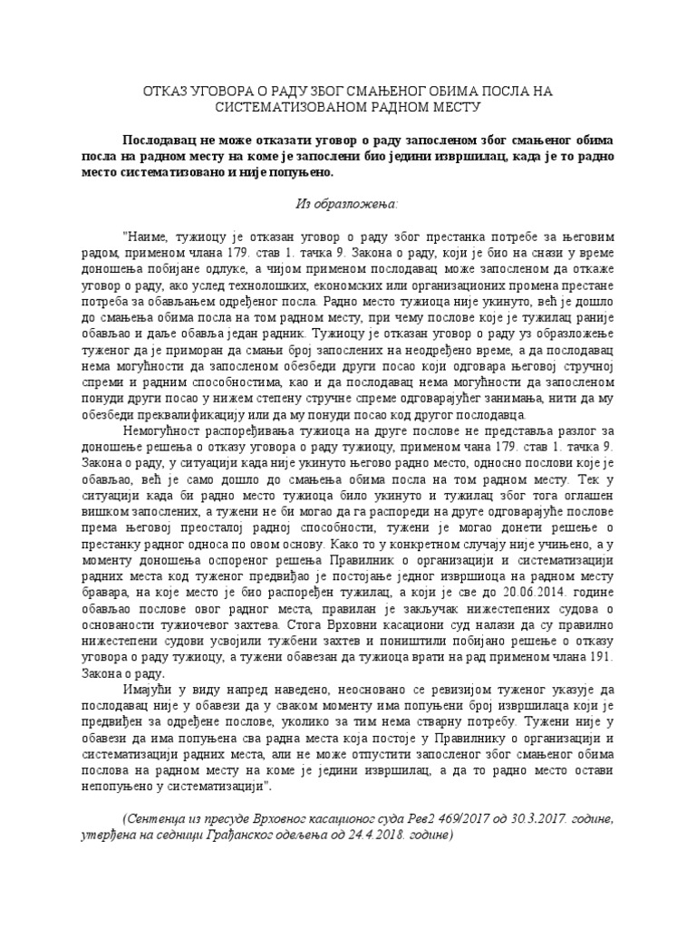 Otkaz Ugovora o Radu Zbog Smanjenog Obima Posla Na Sistematizovanom ...