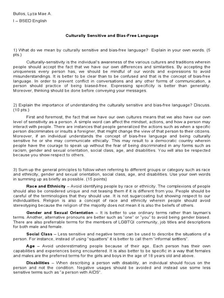 Bullos - GED125 (Culturally Sensitive and Bias Free Language) | PDF | Gender | Gender Studies