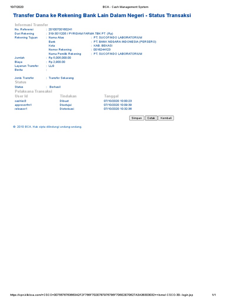 Transfer Dana Ke Rekening Bank Lain Dalam Negeri - Status Transaksi | PDF