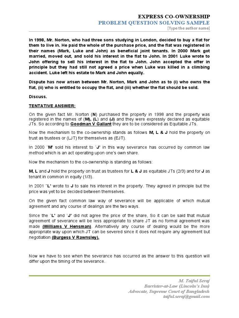 Problem Question Solving Sample: Express Co-Ownership | PDF | Trust Law ...