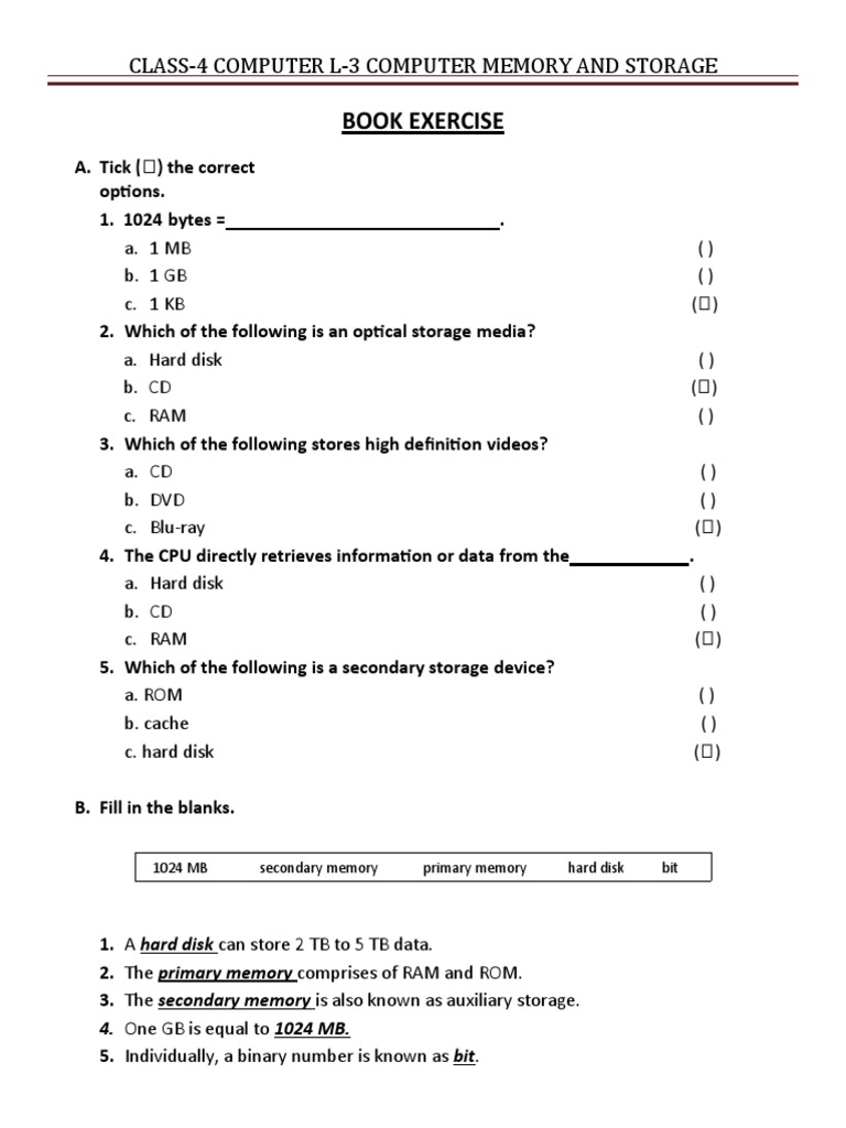 Book Exercise: Class-4 Computer L-3 Computer Memory and Storage | PDF ...