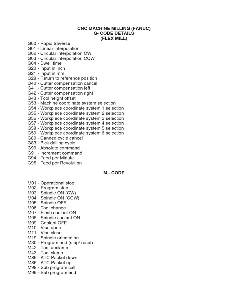 CNC Machine Milling (Fanuc) G-Code Details (Flex Mill) | PDF