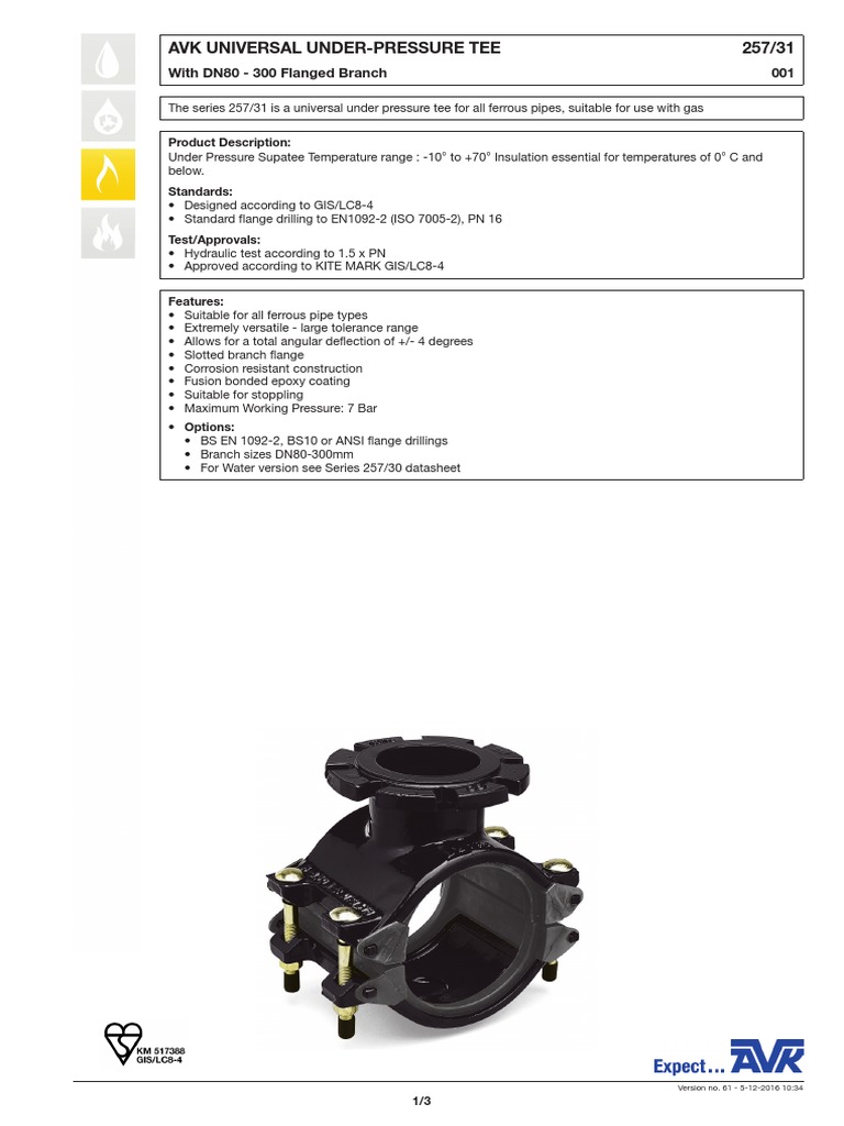 Avk Universal Under-Pressure Tee 257/31: With DN80 - 300 Flanged Branch ...
