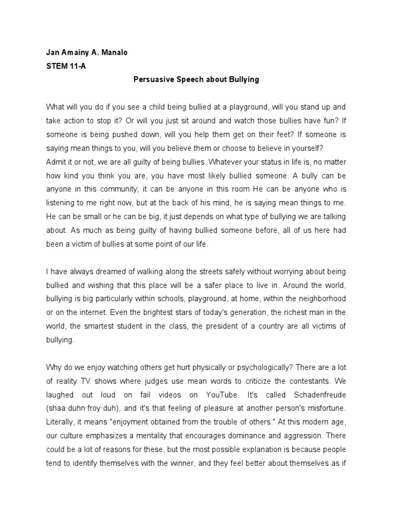 Jan Amainy A. Manalo STEM 11-A Persuasive Speech About Bullying | PDF ...