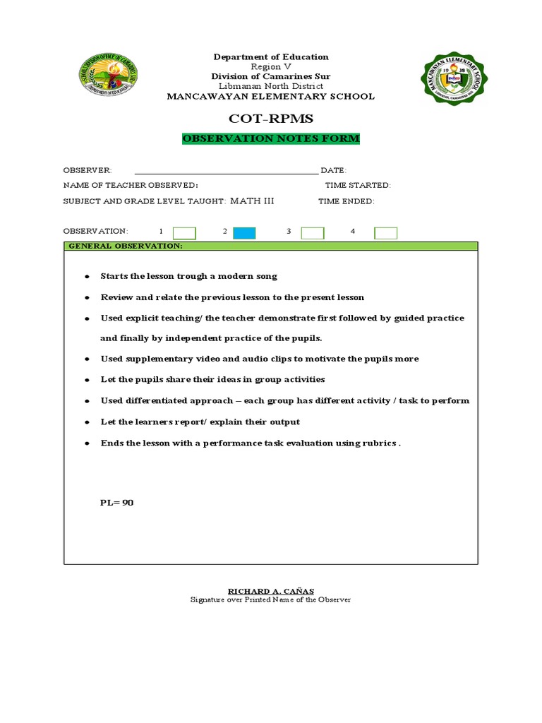 Cot-Rpms: Observation Notes Form | Download Free PDF | Curriculum ...