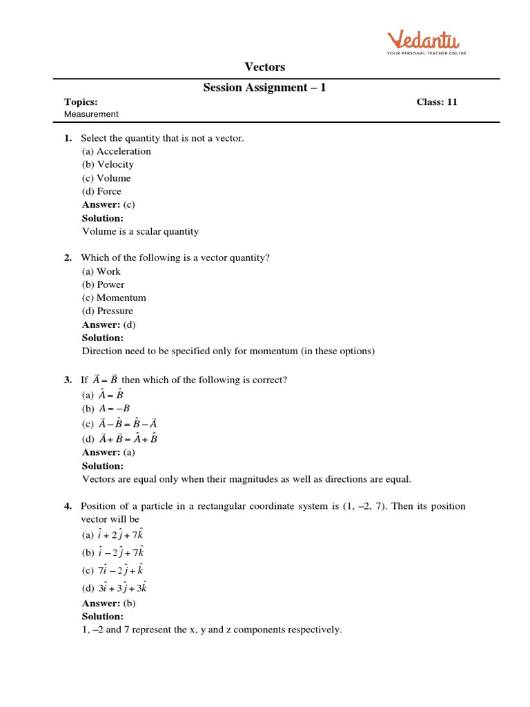 Assignment - Vectors - Session-1 - Answer | Download Free PDF ...