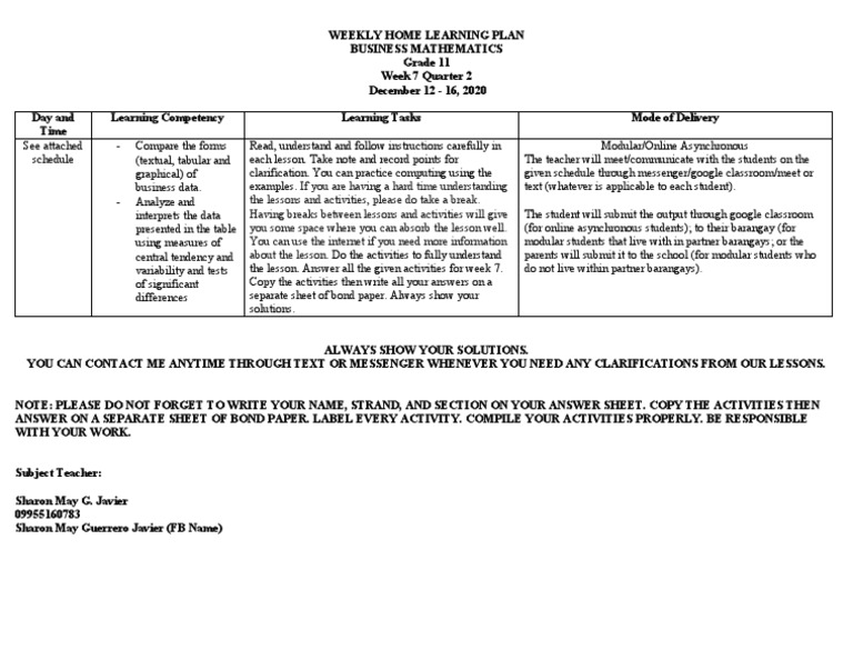 WHLP - Business Mathematics-Week 7 | PDF | Classroom | Pedagogy