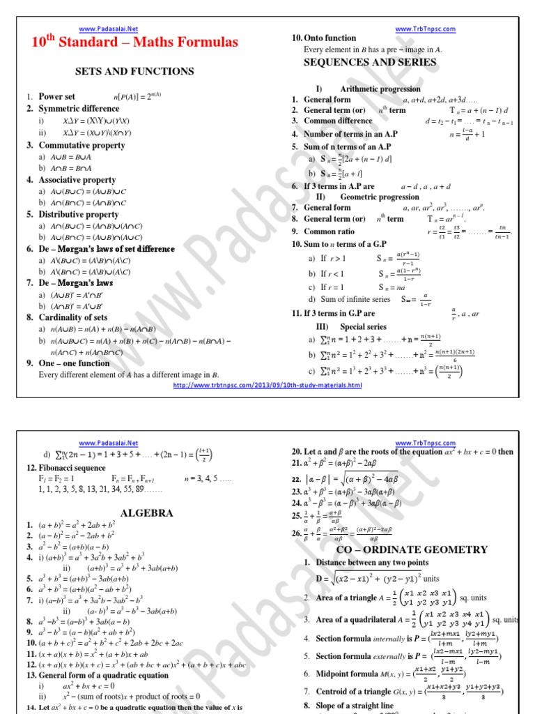10 Standard - Maths Formulas: Sets and Functions Sequences and Series ...