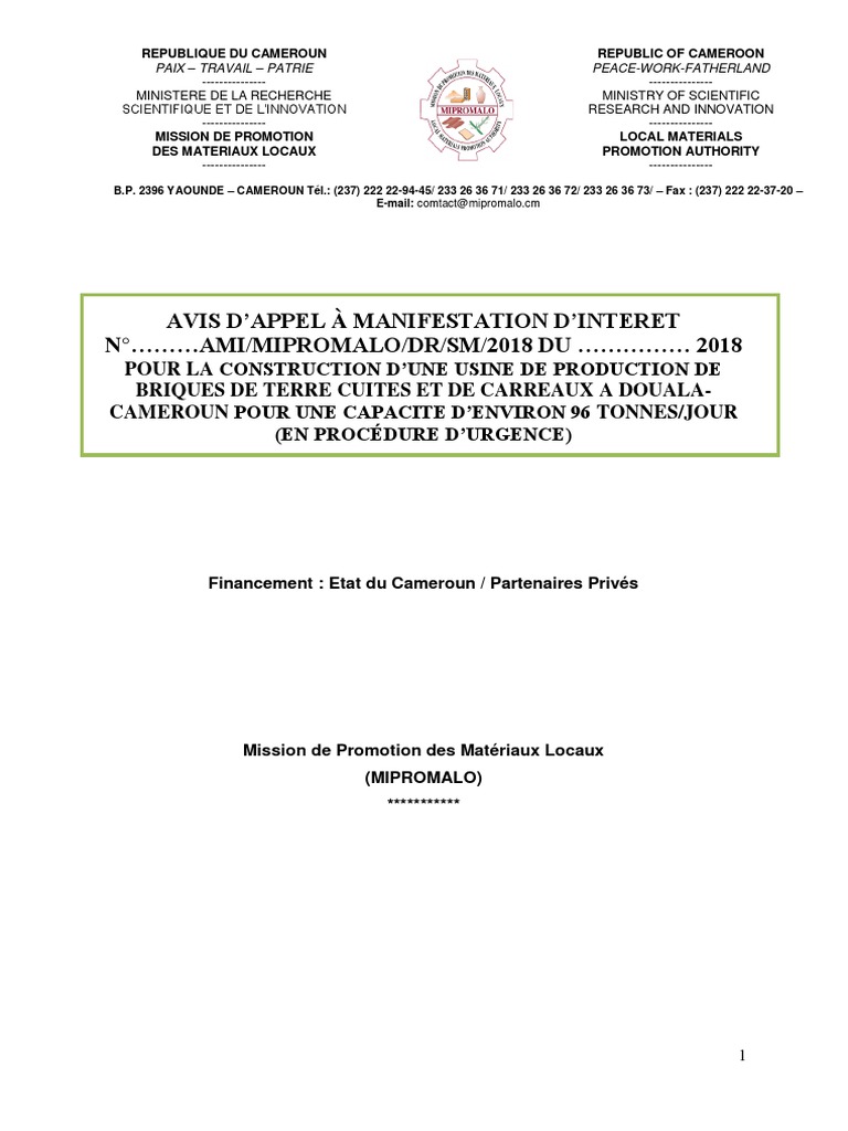 Usine de Briques à Douala - AMI MIPROMALO | PDF | Matériaux de ...