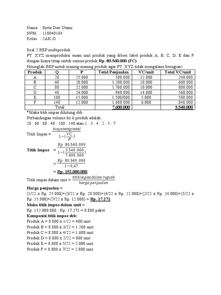 Contoh Soal BEP Multiproduk PT. XYZ | PDF | Teknologi & Rekayasa