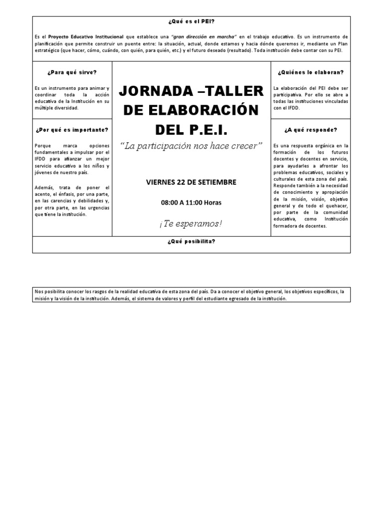 Circular de Jornada Taller de Elaboración Del PEI | PDF | Planificación ...