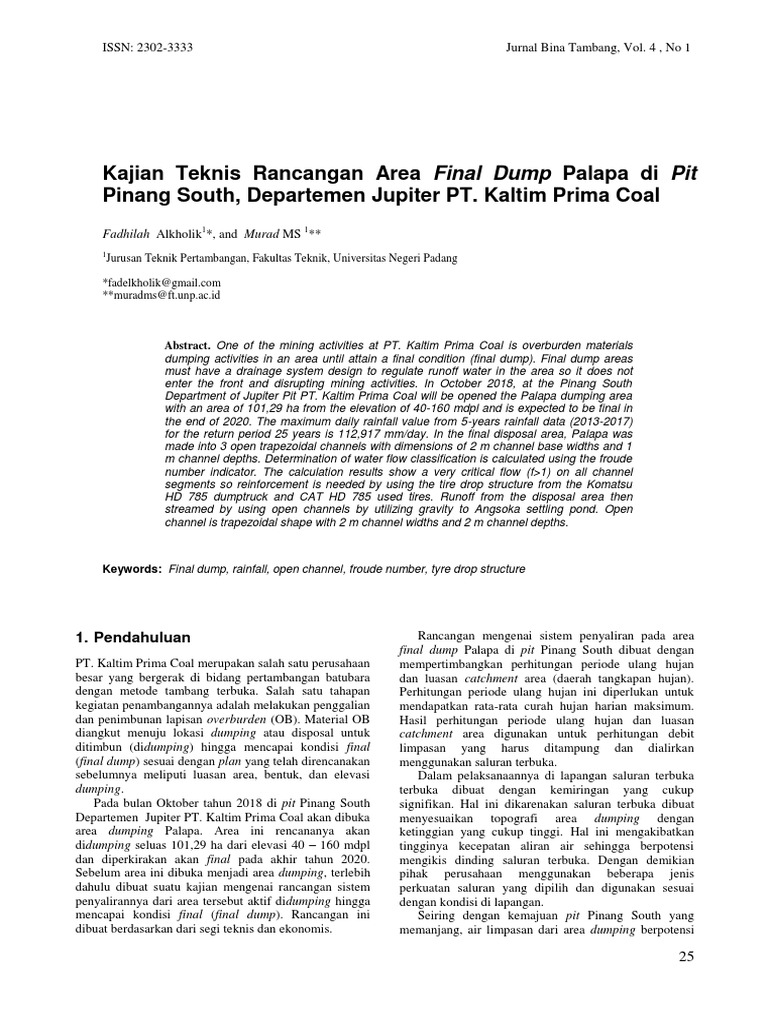 Kajian Teknis Rancangan Area Final Dump Palapa Di Pit Pinang South, Departemen Jupiter PT ...